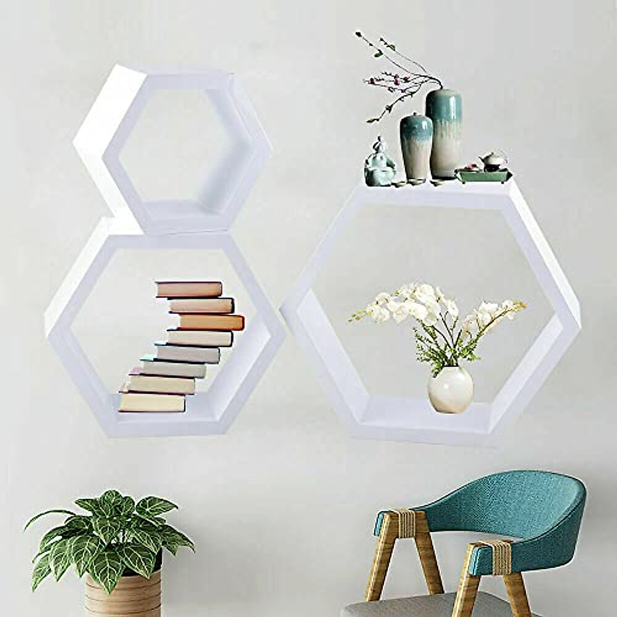 LOYALHEARTDY White Hexagon Floating Shelves 3Pcs Wall Mounted Shelf Wood Farmhouse Storage Honeycomb Wall Shelf