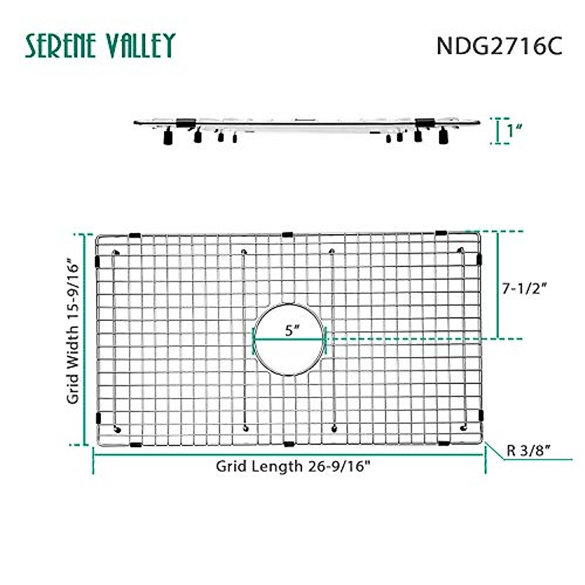 Serene Valley Sink Bottom Grid 26-9/16" X 15-9/16", Centered Drain with Corner Radius 3/8", Sink Protector NDG2716C