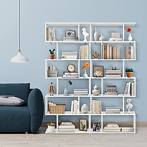 Giantex Geometric Bookcase White, S-Shaped Wooden Bookshelf, 6-Tier Modern Freestanding Decorative Storage Display Shelves for Bedroom, Living Room