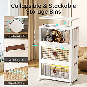 UFORU 18Gal/72QT Collapsible Storage Bins with Lid, 3 Packs 216QT Plastic Stackable Storage Bins with Open Front Door and Wheels, Storage Organizer Cabinet for Home, Office, Closets, Dorm