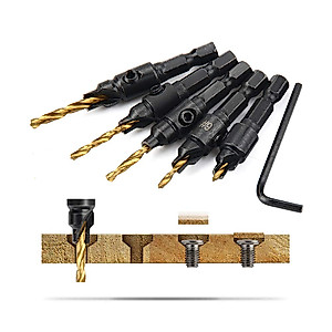 Countersink Drill Bit Set, 1/4 inch Hex Shank Countersink Drill Bit, Power Tools Accessories for Plastic, Metal, Woodworking Tool by Power Drill 5Pcs/Set #5, 6, 8, 10, and #13 (Gold)