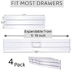KIKILIE 4 Pack Transparent Drawer Dividers Organizer,Expandable 11-19 Dresser Drawer Divider - Multi-purpose Clear Drawer Organizers DD5250 DD5250