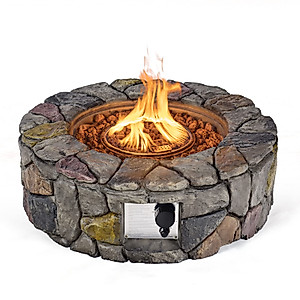 Tangkula 28 Inch Round Propane Gas Fire Pit, Patiojoy 40,000 BTU Stone Look Outdoor Propane Fire Pit with Lava Rocks & PVC Cover, Faux Stone Gas Fire Pit Table for Patio, Courtyard, Garden (Grey)