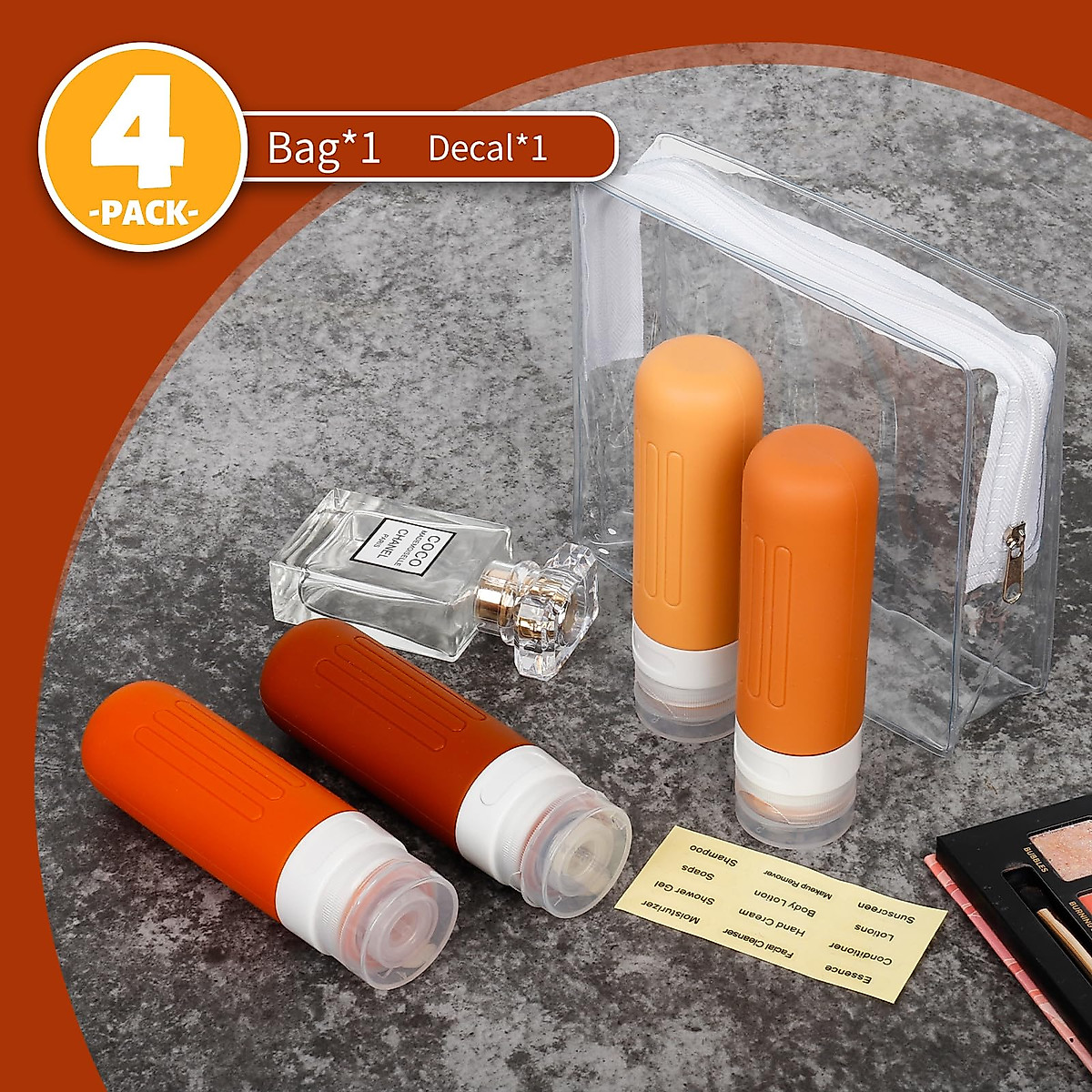 Fuystiulyo 4pcs Silicone Travel Bottles, BPA Free, Leak Proof, TSA Approved, 3oz x 4, Brown