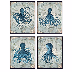 Vintage Kraken Octopus Art - 8x10 Nautical Poster Set for Bathroom, Bath, Bedroom, Beach or Lake House - Unique Gift for Nature Fans - Unframed