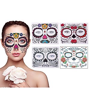 4 Pack Day of the Dead Sugar Skull Face Temporary Tattoo Halloween Makeup Tattoo Stickers for Halloween Masquerade Party(Floral, Red Roses,Black and Floral Skeleton)