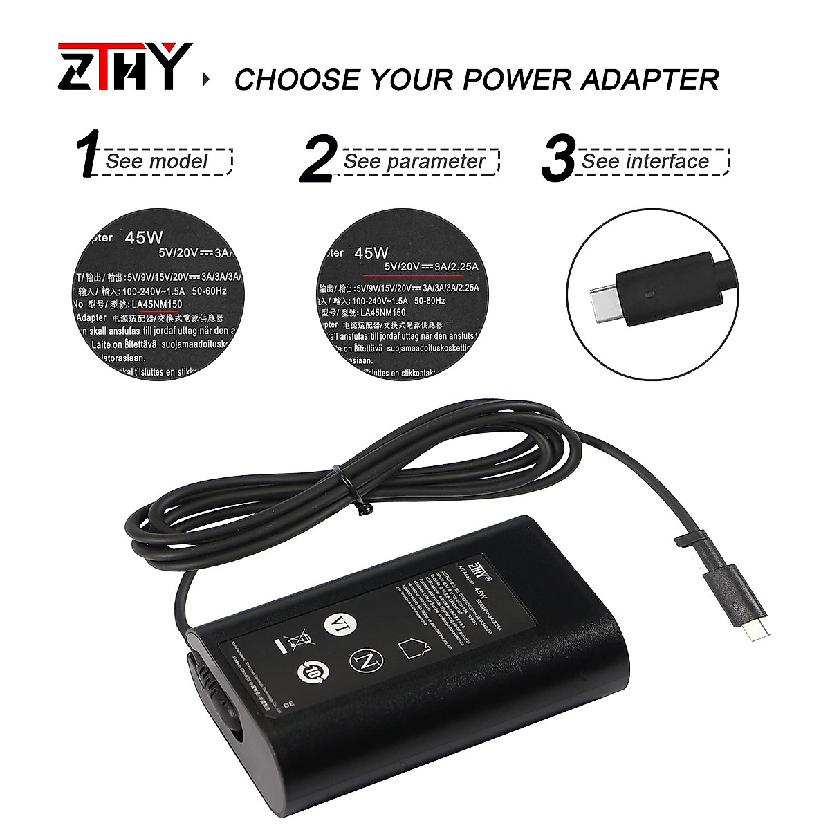 New 45W USB-C Type C AC Adapter Laptop Charger Replacement for Dell XPS 12 13 9360 9365 9370 9300 9380 9310 2-in-1 Latitude 7200 7210 7370 5175 5285 5290 Chromebook 3100 3400 2in1 LA45NM150 Power