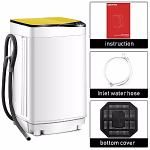 Giantex Full-Automatic Washing Machine Portable Washer and Spin Dryer 7.7lbs Capacity Compact Laundry Washer with Built-in Barrel Light Drain Pump and Long Hose for Apartments Camping (White & Yellow)