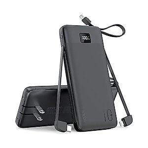 ANOUV Portable Charger with Built-in Cables&AC Wall Plug,10000mAh Power Bank,PD 22.5W USB-C Fast Charging External Battery Pack with LED Display Compatible with iPhones and All Smart Device（1 Pack）
