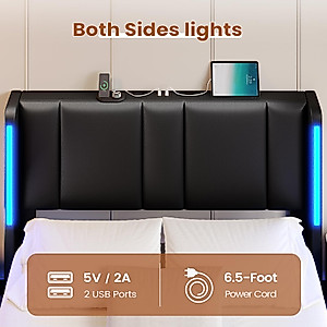 AOGLLATI Floating Bed Frame Full with LED Light and 2 USB Charging Station, Upholstered Platform Bed Frame Full Size with Heavy Wooden Slats Support, No Box Spring Needed