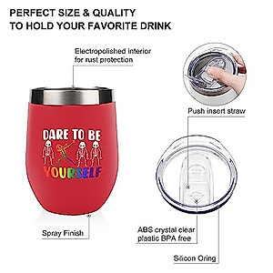 Mighun Dare To Be Yourself Rainbow Skull Wine Tumbler with Lid, LGBT Pride Gay Lesbian Vacuum Coffee Tumbler, Gay Pride Stemless Insulated Wine Glasses Cup for Champaign, Cocktail, Beer