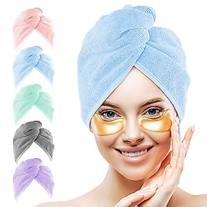 HOMEXCEL Microfiber Hair Towel for Women 5 Pack,10X 26 Inch Hair Turbans for Wet Hair,Super Absorbent Hair Drying Towel Wrap with Button for Curly,Longer,Thicker Hair Anti Frizz