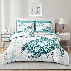 MOVE OVER Coastal Bedding Set Queen Size Sea Turtle Comforter Set with Sheet Set Teal Blue Ocean Comforter Set Beach Theme Bedding Set 8 Pieces Teal Sea Turtle Bedding Set for Summer