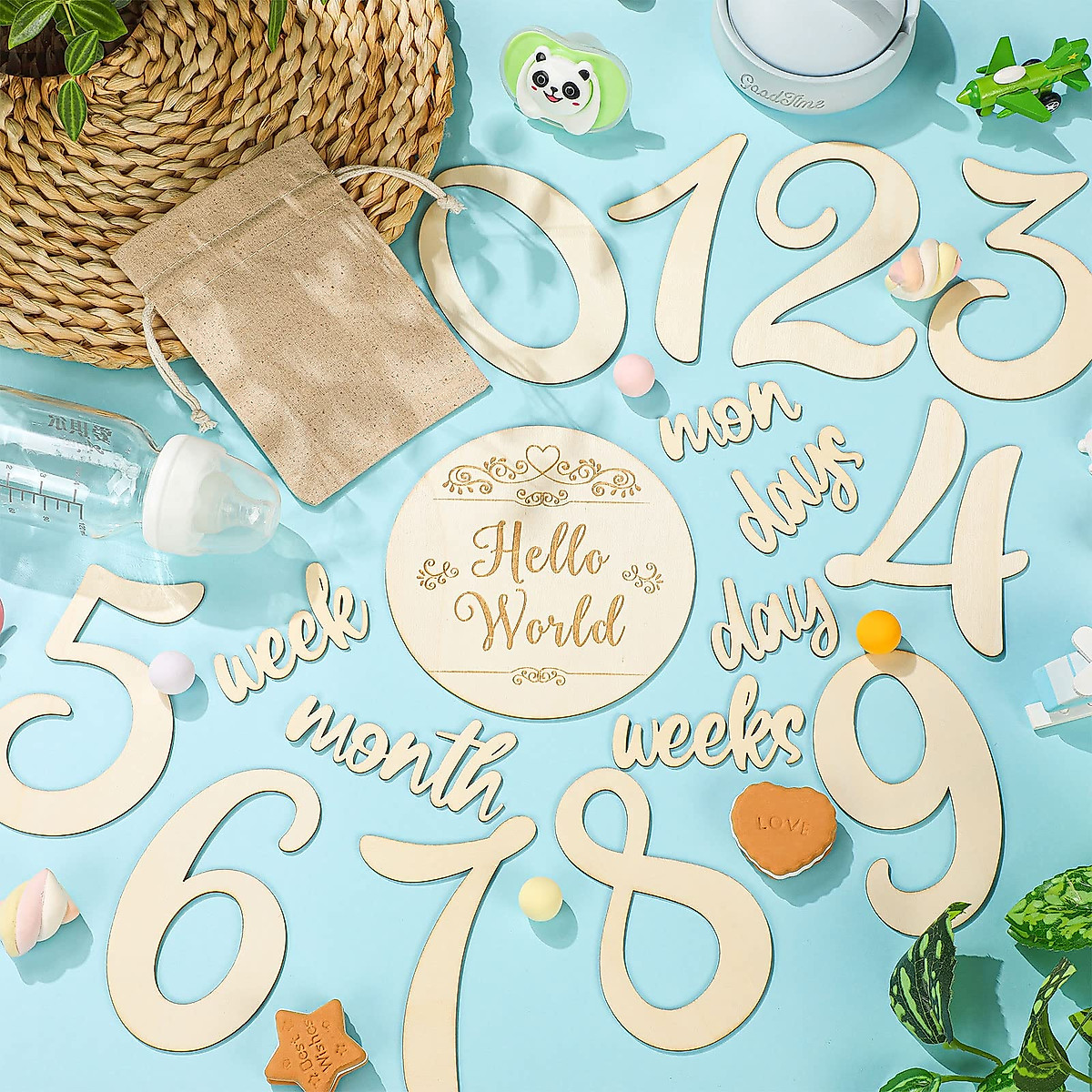 Baby Monthly Milestone Numbers and Words Circles Wooden Signs Baby Photo Props Newborn Birth Announcement Card with a Canvas Drawstring Bag for Pregnancy and Baby