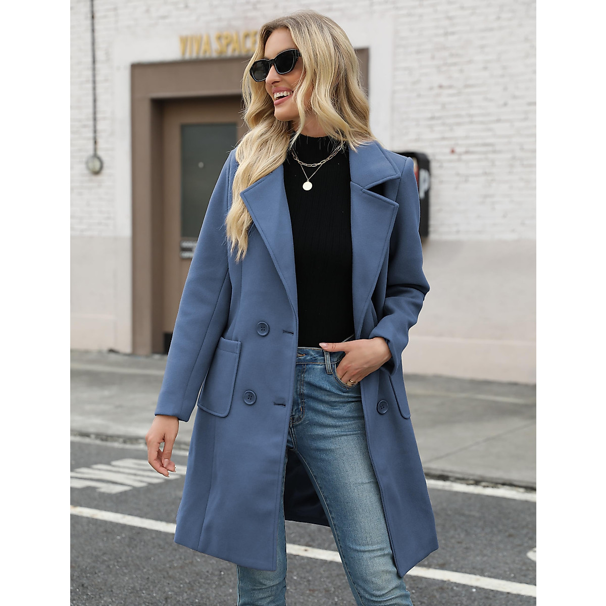 Bankeng Women Winter Wool Blend Camel Mid-Long Coat Notch Double-Breasted Lapel Jacket Outwear (Blue,XL)