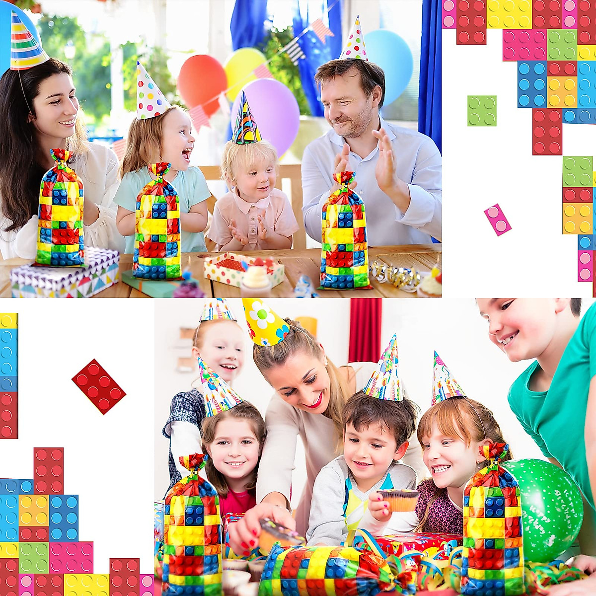 100 Pieces Building Blocks Cellophane Bags Plastic Treat Favor Bag with 200 Gold Twist Ties for Kids Building Brick Block Themed Birthday Party Supplies Decorations