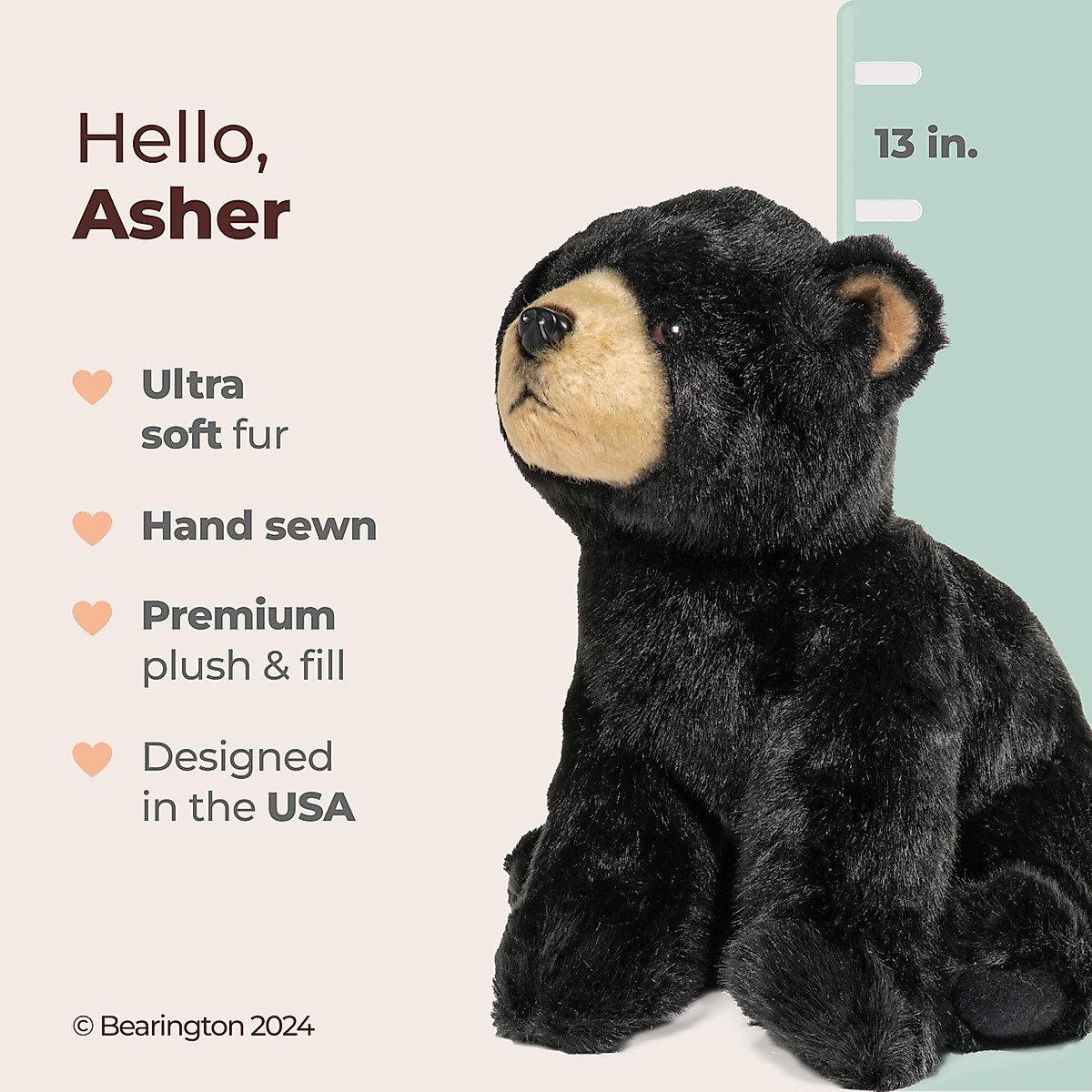 Berington Asher Plush Black Bear Stuffed Animal, 13 Inches