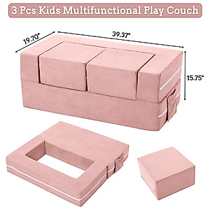 GarveeHome Kids Play Couch, 3Pcs Modular Kids Couch Toddler Couch for Playroom Bedroom Furniture, Convertible Foam Kids Play Sofa with Removable Cover, Pink