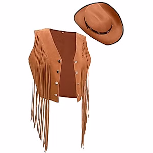 Yaomiao 70s Hippie Womens Fringe Vest Western Felt Cowgirl Hat Cowgirl Costume Rivets Sleeveless Faux Suede Tassels Jacket (Brown,M)