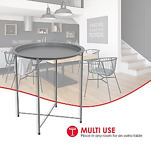 Home Basics , Matte Grey Foldable Round Multi-Purpose Metal Side Accent, Coffee, End Table for Bedroom, Living Room