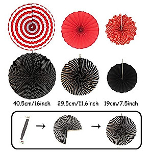 ZERODECO Party Decoration, 21 Pcs Black and Red Hanging Paper Fans Pom Poms Flowers, Garlands String Polka Dot and Triangle Bunting Flags for Minnie Mouse Birthday Parties Baby Showers Wedding