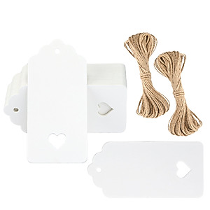 100PCS Kraft Paper Gift Tags Hollow Heart Wedding Favor Tags with Twine for Fathers Birthday Gift Wrap, Baby Shower Favors and Craft Homemade Gifts(White)