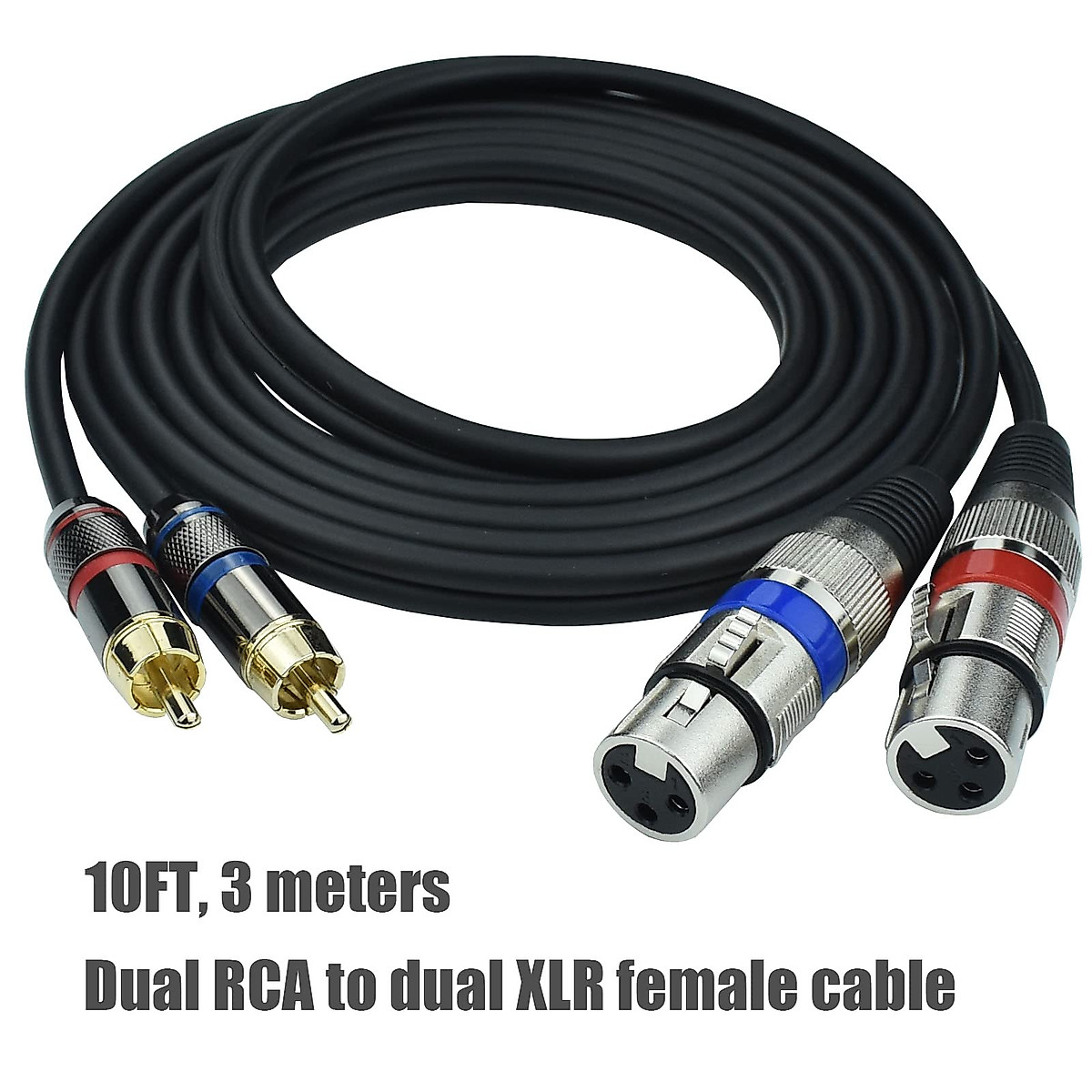 Mugteeve Dual XLR Female to Dual RCA Male Phono Cable Adapter, 10 Feet Balanced 3pin XLRF to Unbalanced RCA Speaker Cable, Gold Plated, OFC Shielded, Noise-Free, for Mixer, Subwoofer, Amplifier