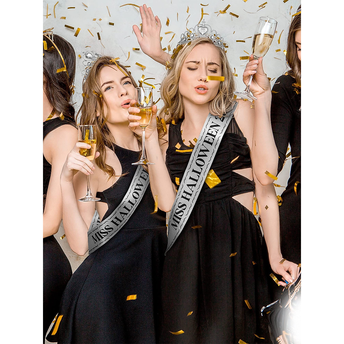 Ferraycle Miss Halloween 2024 Crown and Sash Cosplay Costume Kit for Women Silver Crystal Tiara Rhinestone Crown Princess Crown Headband Halloween Queen Sash for Party Decorations