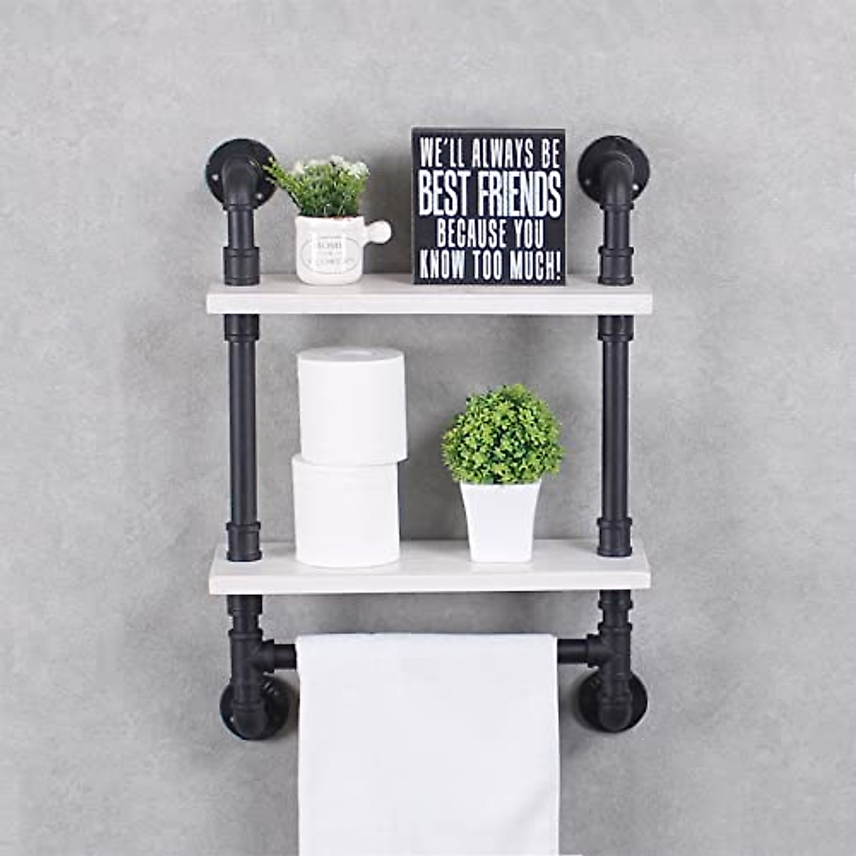 Industrial Pipe Shelving Bathroom Shelves Wall Mounted, 2-Layer 24in Rustic Wood Shelf with Towel Bar,Farmhouse Towel Rack Metal Floating Shelves Towel Holder (TypeA, White)