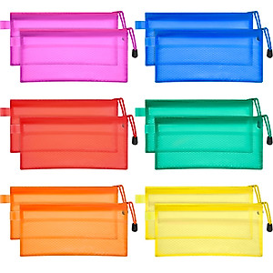 Bememo 12 Pieces 6 Colors Pencil Pouch Zipper File Bags Waterproof Plastic Double Layer for Pen Bag Cosmetics Supplies Travel Accessories