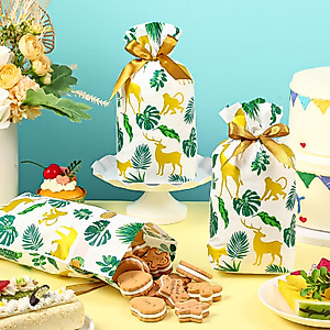 50 Pcs Jungle Animal Treat Bags Green Gold Safari Animal Palm Leaves PE Plastic Candy Goodie Bags Safari Party Favor Bags with Gold Drawstring Ribbons for Wild Jungle Baby Shower Birthday Party Favors