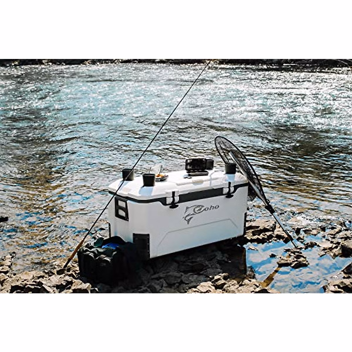 COHO 165QT Ice Chest Hard Cooler, Heavy Duty, High Performance Insulated Cooler with Fish Ruler, Removable Threaded Cup Holders, Magnetic Disc, Tie Down Loop, Easy Access Hatch