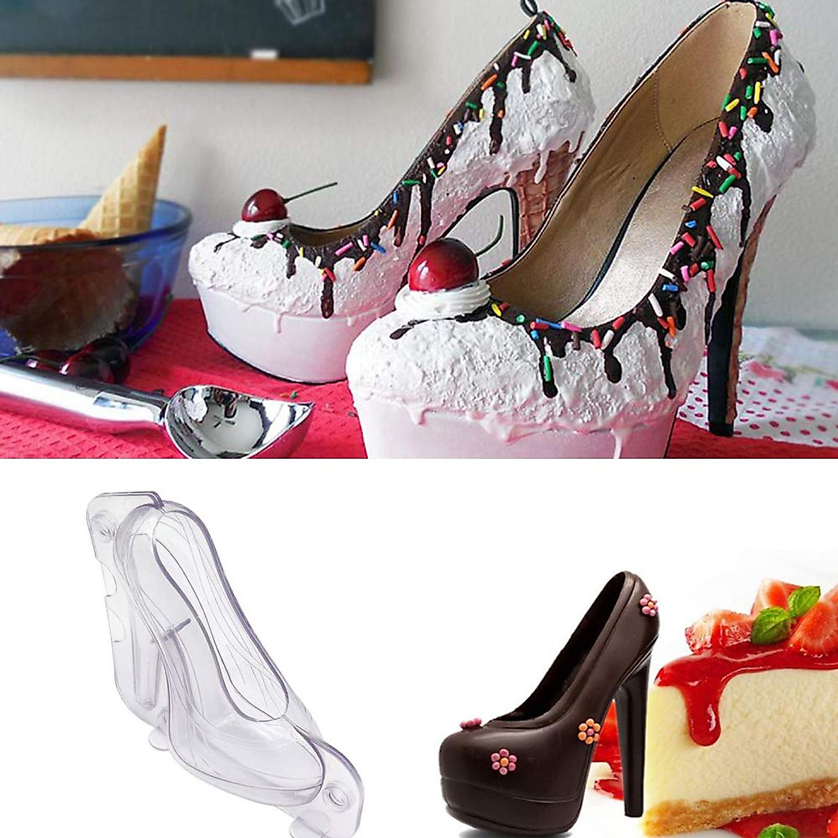 High Heel Shoe Mold, 3D Chocolate Heel Mold with 3 clips for DIY Cake Pastry Decoration Jelly Candy Fondant Molds Baking Tool