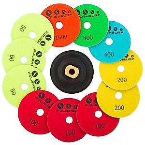 Diamond Polishing Pads 4 inch Wet/Dry Set of 11+1 Backer Pad for Granite Concrete Marble Polishing Plus eBook - Polishing Process Best Practices by POLISHSURF