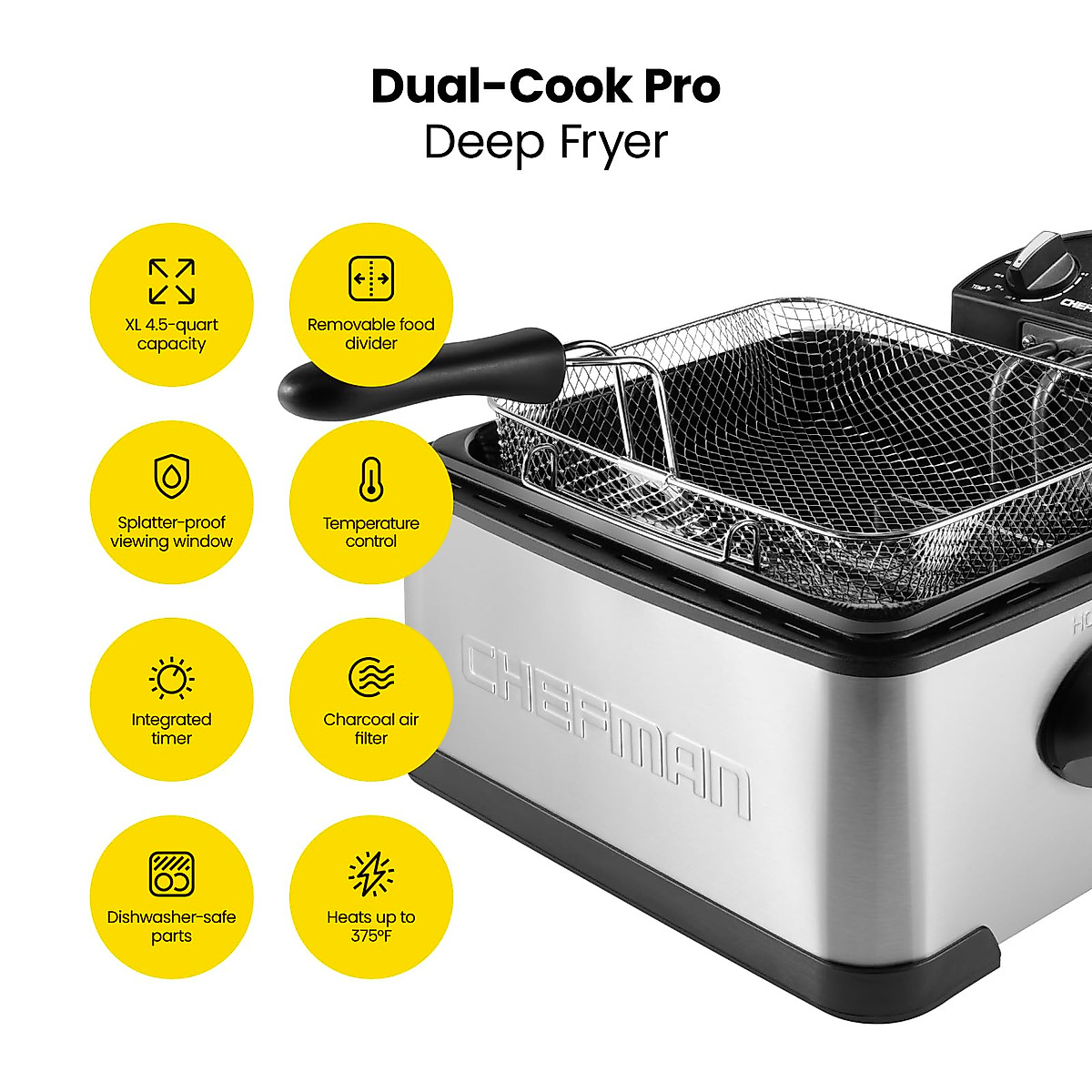 Chefman 4.5L Dual Cook Pro Deep Fryer with Basket Strainer and Removable Divider, Jumbo XL Size, Adjustable Temp & Timer, Perfect for Chicken, Fries, Chips and More, Easy to Clean, Stainless Steel