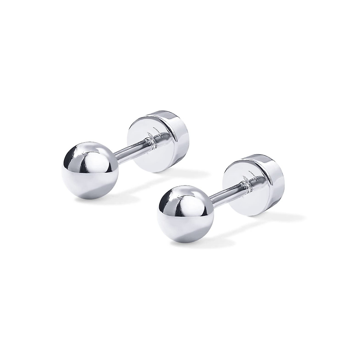 PAVOI Rhodium Plated Solid 925 Sterling Silver Ball Stud Earrings for Women - Flat Back - Cartilage & Helix Piercing Jewelry - Big Gold Studs