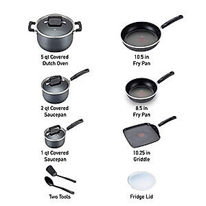 T-fal Signature Nonstick Cookware Set 12 Piece Pots and Pans, Dishwasher Safe Black,Gray