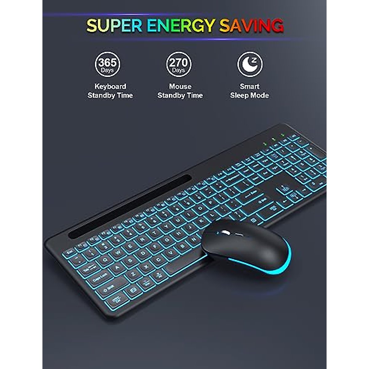 Wireless Keyboard and Mouse with 15 Backlit Effects, Rechargeable Keyboard Mouse Combo with Phone Holder, 2.4G Lag-Free, Silent Light Up Keyboard & Mouse Set for Windows, Mac, PC, Laptop -by SABLUTE