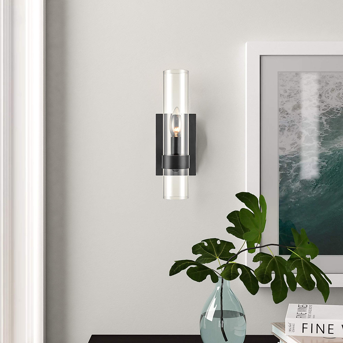 JEENKAE Modern Farmhouse Glass Cylinder Wall Sconce 1-Light Black Bathroom Vanity Lights Fixture