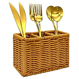Utensil Caddy Silverware Flatware Holder - 3 Compartment Fork Knife Cutlery Organizer, Woven Wicker Basket, Party Countertop Buffet Picnic Camping Table Outdoor Farmhouse Utensil Holder for Parties (Brown)