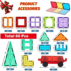 Magnetic Tiles,60PCS Magnetic Building Blocks for Kid,3D Magnet Building Tiles,Clear Magnetic Blocks Construction Playboards, Educational Magnet Toys for Boys Girls Toddlers 3 4 5 6 7 8 Year Old