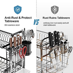 iSPECLE Dish Drying Rack, 304 Stainless Steel 2-Tier Dish Rack with Utensil Holder, Cutting Board Holder and Dish Drainer for Kitchen Counter
