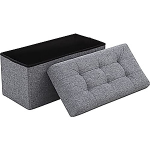 Ornavo Home Foldable Tufted Linen Large Storage Ottoman Bench Foot Rest Stool/Seat - 15" x 30" x 15" (Grey)