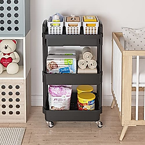 Calmootey 3-Tier Rolling Utility Cart with Drawer,Multifunctional Storage Organizer with Plastic Shelf & Metal Wheels,Storage Cart for Kitchen,Bathroom,Living Room,Office,Black