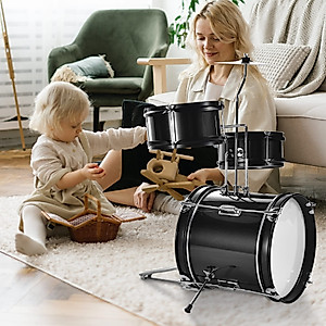 Drum Set 3-Piece Beginner Drum Set Junior Drum Set, Throne Stool, Drum Sticks, Bass Drum Pedal, Black