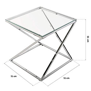Versa Trento Auxiliary Small Table for The Living Room, Bedroom or Kitchen. Modern Side Table, Measurements (H x L x W) 51 x 51 x 51 cm, Glass and Metal, Colour Silver