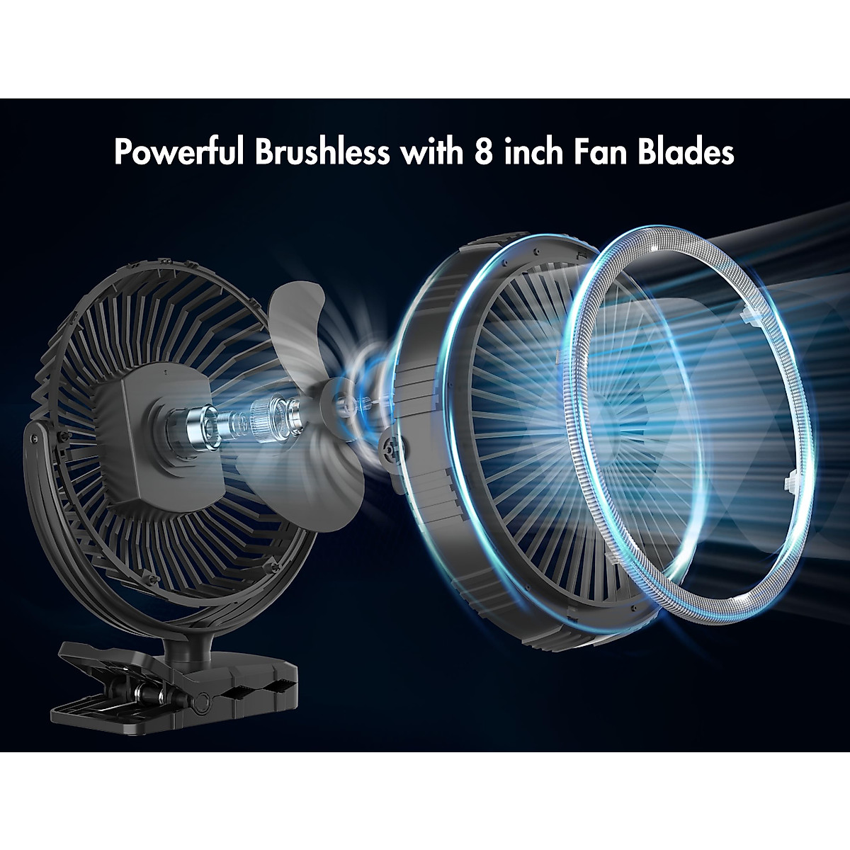 GRANDFAST 10000mAh Rechargeable Clip On Fan - 8" Battery Operated Fan with Timer, Strong Airflow Portable Battery Powered Fan with Light & Hook for Camping Outdoor Office Home Hurricane Power Outage