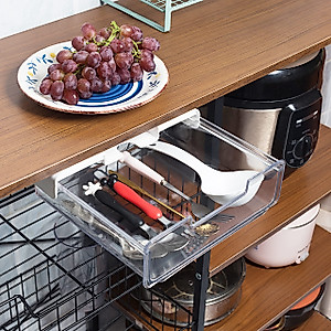 2 Pack Adhesive Under Desk Drawer Organizer Slide Out Attachment, Attachable Clear Acrylic Hidden Shelf Storage With Phone Stand, Add A Mounted Pull Out Tray For Cabinet, Table, Counter - Plastic