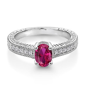 Gem Stone King 925 Sterling Silver Oval Red Created Ruby and White Moissanite Women Engagement Ring (1.00 Cttw, Available In Size 5, 6, 7, 8, 9)