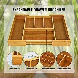 Sanduby Kitchen Drawer Organizer, Expandable Silverware Organizer and Silverware Tray for Drawer, Large Bamboo Drawer Organizer Kitchen Utensil Organizer, 13"-23" Wide Cutlery Organizer in Drawer